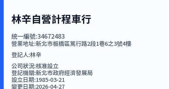 林辛自營計程車行的照片-統編 34672483(新北市) 公司登記資料與營業項目詳細圖表