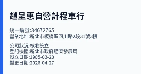 趙呈惠自營計程車行的照片-統編 34672765(新北市) 公司登記資料與營業項目詳細圖表