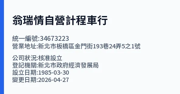 翁瑞情自營計程車行的照片-統編 34673223(新北市) 公司登記資料與營業項目詳細圖表