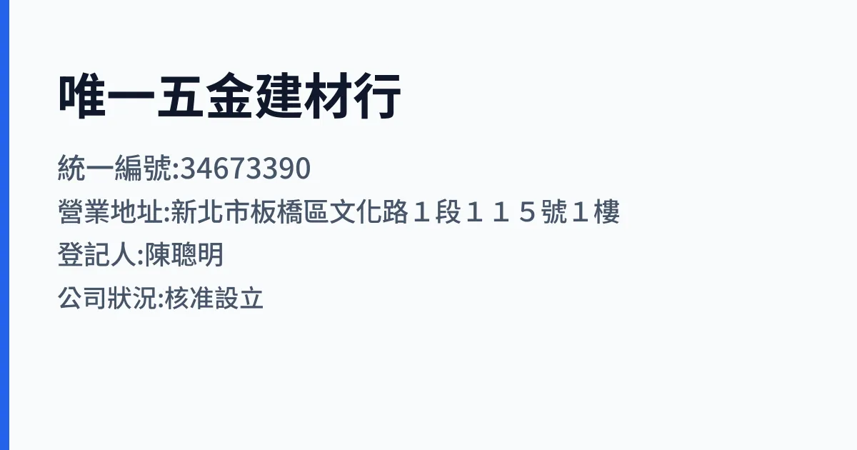 唯一五金建材行 - 統編 34673390(新北市) 公司登記資料與營業項目詳細圖表