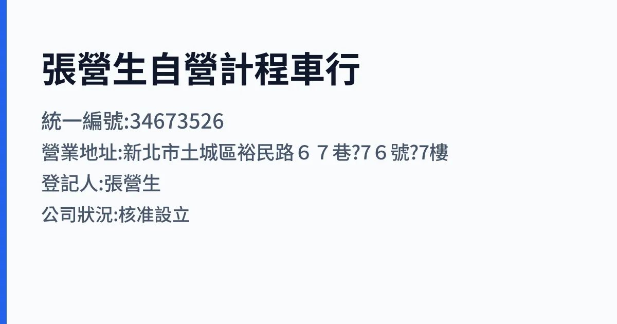 張營生自營計程車行 - 統編 34673526(新北市) 公司登記資料與營業項目詳細圖表