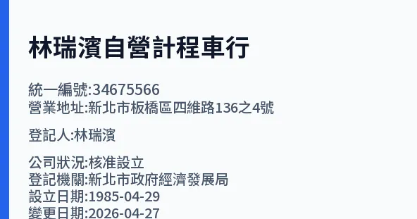 林瑞濱自營計程車行的照片-統編 34675566(新北市) 公司登記資料與營業項目詳細圖表