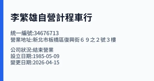 李繁雄自營計程車行的照片-統編 34676713(新北市) 公司登記資料與營業項目詳細圖表