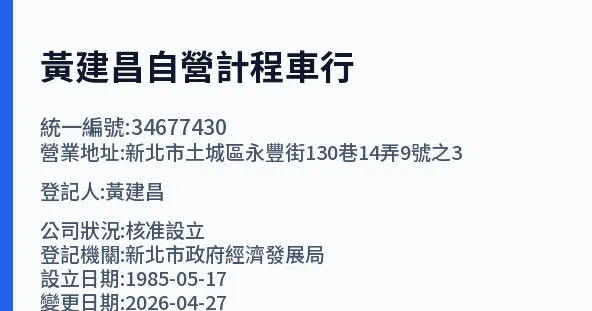 黃建昌自營計程車行的照片-統編 34677430(新北市) 公司登記資料與營業項目詳細圖表