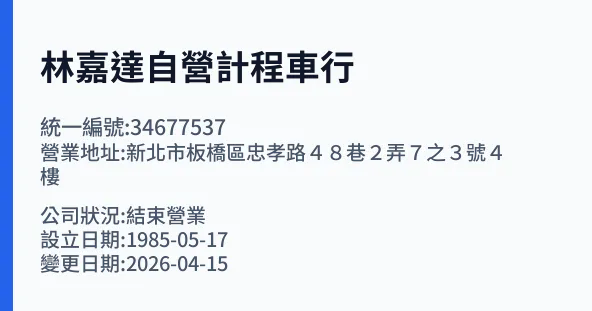 林嘉達自營計程車行的照片-統編 34677537(新北市) 公司登記資料與營業項目詳細圖表