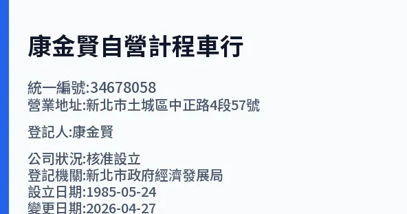 康金賢自營計程車行的照片-統編 34678058(新北市) 公司登記資料與營業項目詳細圖表