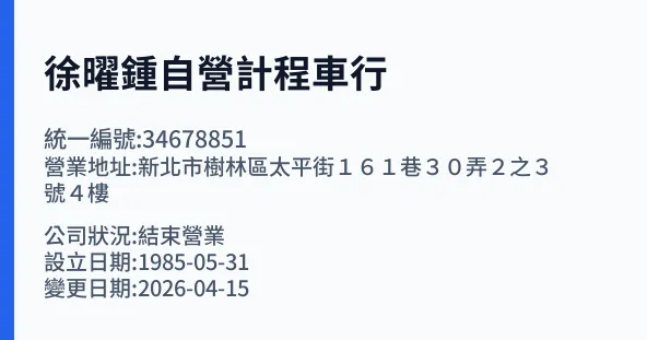 徐曜鍾自營計程車行的照片-統編 34678851(新北市) 公司登記資料與營業項目詳細圖表
