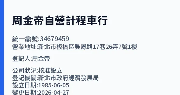 周金帝自營計程車行的照片-統編 34679459(新北市) 公司登記資料與營業項目詳細圖表