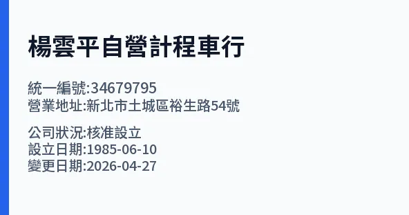 楊雲平自營計程車行的照片-統編 34679795(新北市) 公司登記資料與營業項目詳細圖表