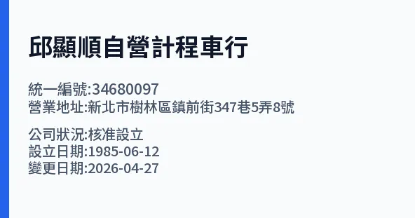 邱顯順自營計程車行的照片-統編 34680097(新北市) 公司登記資料與營業項目詳細圖表
