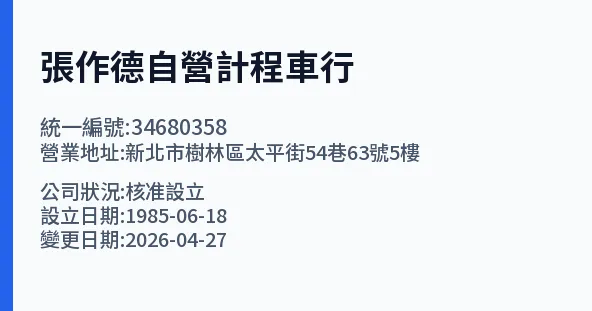 張作德自營計程車行的照片-統編 34680358(新北市) 公司登記資料與營業項目詳細圖表