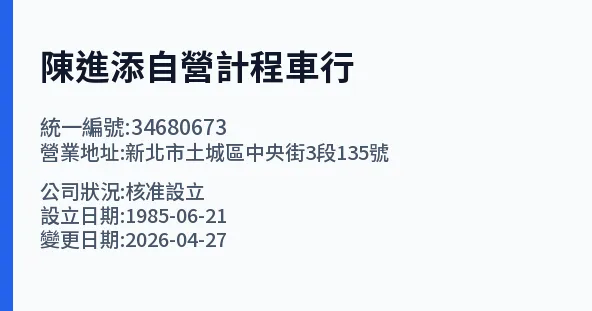 陳進添自營計程車行的照片-統編 34680673(新北市) 公司登記資料與營業項目詳細圖表