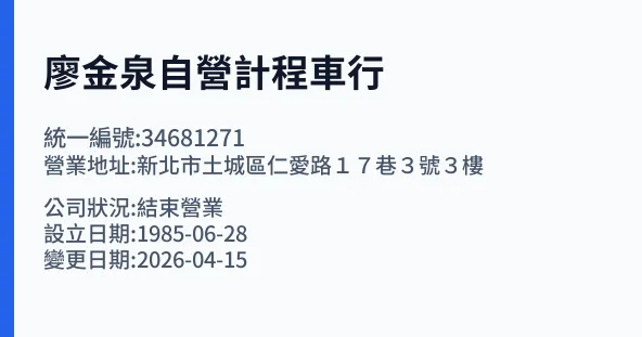 廖金泉自營計程車行的照片-統編 34681271(新北市) 公司登記資料與營業項目詳細圖表
