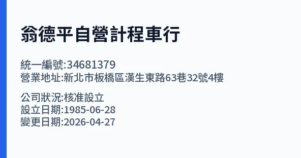 翁德平自營計程車行的照片-統編 34681379(新北市) 公司登記資料與營業項目詳細圖表