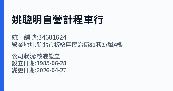 姚聰明自營計程車行的照片-統編 34681624(新北市) 公司登記資料與營業項目詳細圖表