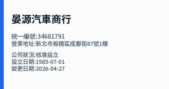 晏源汽車商行的照片-統編 34681791(新北市) 公司登記資料與營業項目詳細圖表