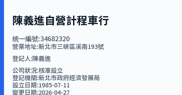 陳義進自營計程車行的照片-統編 34682320(新北市) 公司登記資料與營業項目詳細圖表