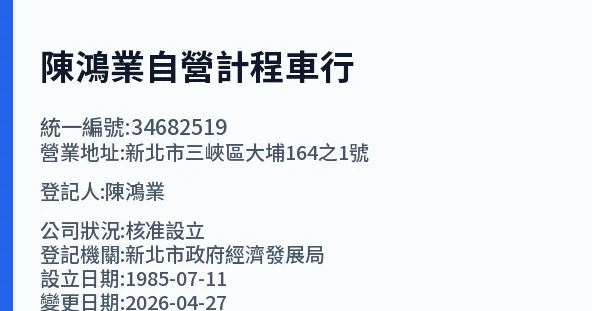 陳鴻業自營計程車行的照片-統編 34682519(新北市) 公司登記資料與營業項目詳細圖表