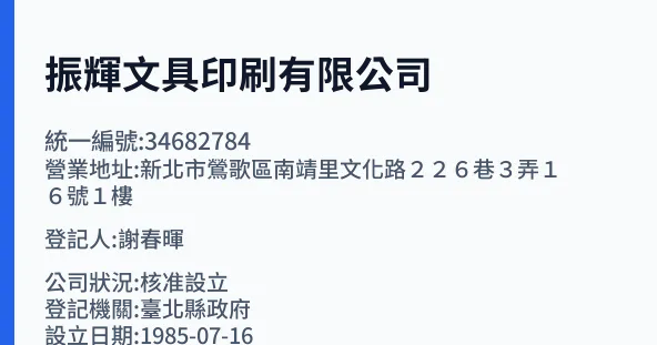 振輝文具印刷有限公司的照片-統編 34682784(新北市) 公司登記資料與營業項目詳細圖表