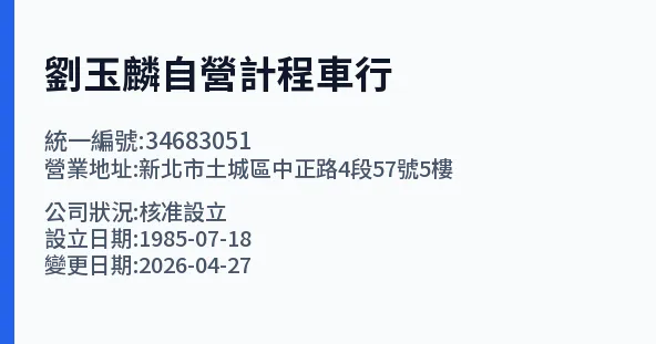 劉玉麟自營計程車行的照片-統編 34683051(新北市) 公司登記資料與營業項目詳細圖表