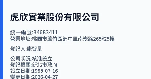 虎欣實業股份有限公司的照片-統編 34683411(桃園市) 公司登記資料與營業項目詳細圖表