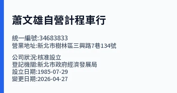 蕭文雄自營計程車行的照片-統編 34683833(新北市) 公司登記資料與營業項目詳細圖表
