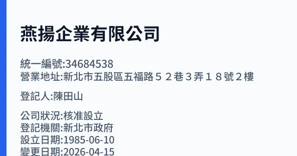 燕揚企業有限公司的照片-統編 34684538(新北市) 公司登記資料與營業項目詳細圖表