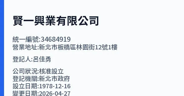賢一興業有限公司的照片-統編 34684919(新北市) 公司登記資料與營業項目詳細圖表