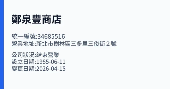 鄭泉豐商店的照片-統編 34685516(新北市) 公司登記資料與營業項目詳細圖表