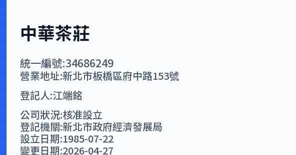 中華茶莊的照片-統編 34686249(新北市) 公司登記資料與營業項目詳細圖表