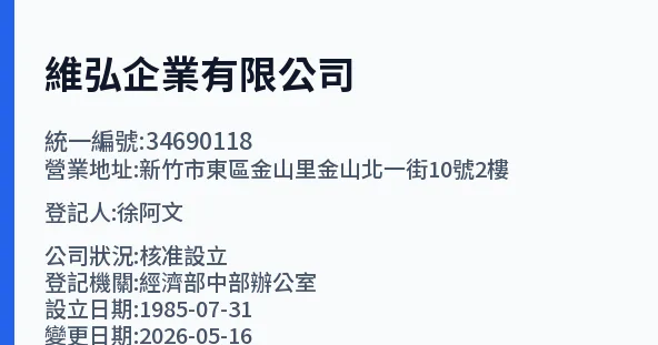 維弘企業有限公司的照片-統編 34690118(新竹市) 公司登記資料與營業項目詳細圖表