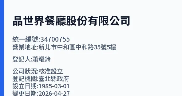 晶世界餐廳股份有限公司的照片-統編 34700755(新北市) 公司登記資料與營業項目詳細圖表