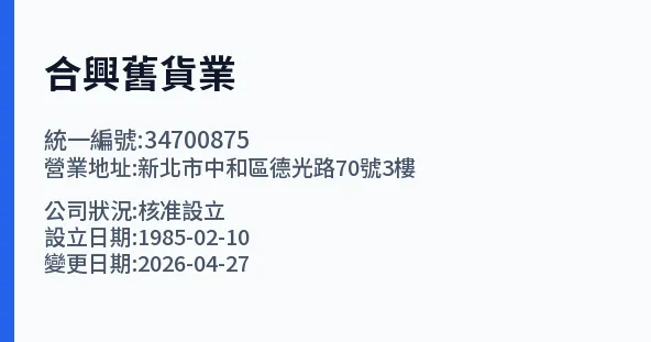 合興舊貨業的照片-統編 34700875(新北市) 公司登記資料與營業項目詳細圖表
