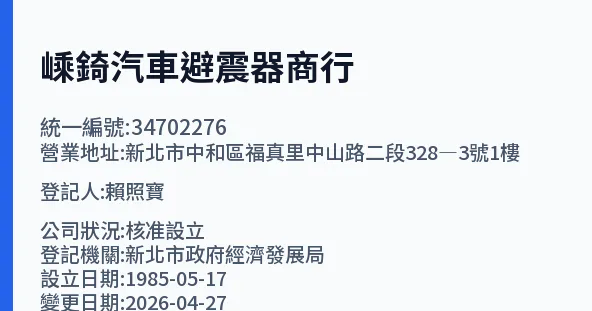 嵊錡汽車避震器商行的照片-統編 34702276(新北市) 公司登記資料與營業項目詳細圖表