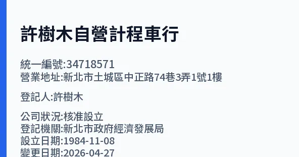許樹木自營計程車行的照片-統編 34718571(新北市) 公司登記資料與營業項目詳細圖表