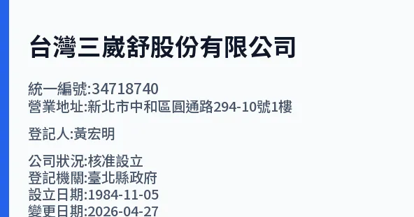 台灣三崴舒股份有限公司的照片-統編 34718740(新北市) 公司登記資料與營業項目詳細圖表