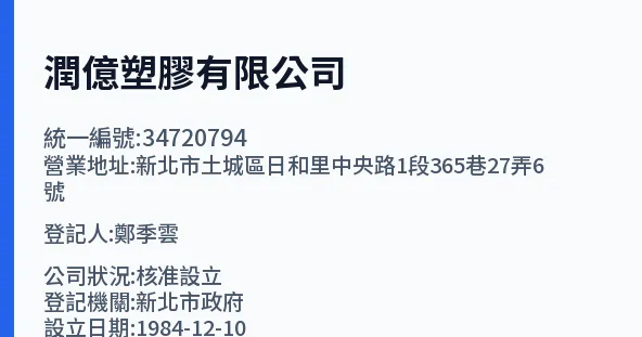 潤億塑膠有限公司的照片-統編 34720794(新北市) 公司登記資料與營業項目詳細圖表