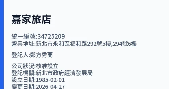 嘉家旅店的照片-統編 34725209(新北市) 公司登記資料與營業項目詳細圖表