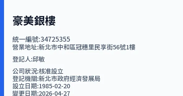 豪美銀樓的照片-統編 34725355(新北市) 公司登記資料與營業項目詳細圖表