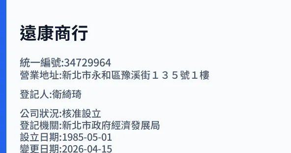 遠康商行的照片-統編 34729964(新北市) 公司登記資料與營業項目詳細圖表