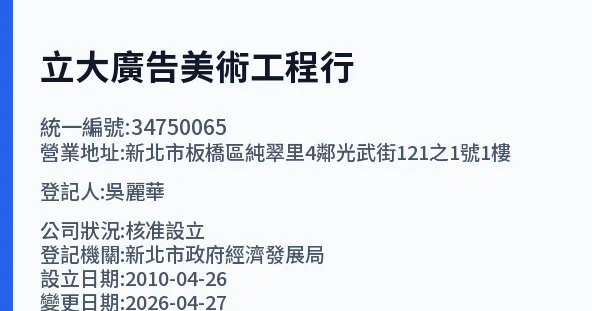 立大廣告美術工程行的照片-統編 34750065(新北市) 公司登記資料與營業項目詳細圖表