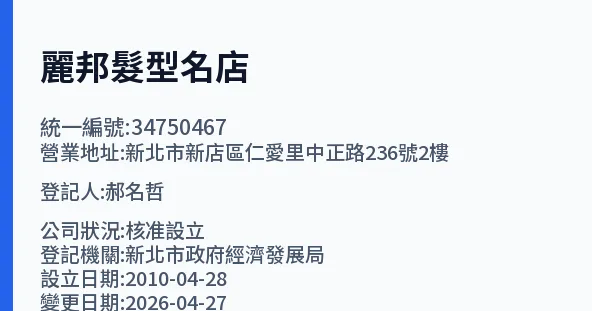 麗邦髮型名店的照片-統編 34750467(新北市) 公司登記資料與營業項目詳細圖表