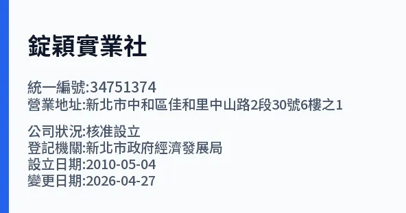 錠穎實業社的照片-統編 34751374(新北市) 公司登記資料與營業項目詳細圖表