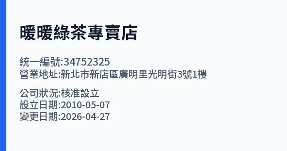 暖暖綠茶專賣店的照片-統編 34752325(新北市) 公司登記資料與營業項目詳細圖表
