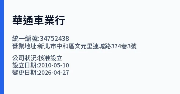 華通車業行的照片-統編 34752438(新北市) 公司登記資料與營業項目詳細圖表