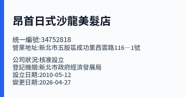 昂首日式沙龍美髮店的照片-統編 34752818(新北市) 公司登記資料與營業項目詳細圖表