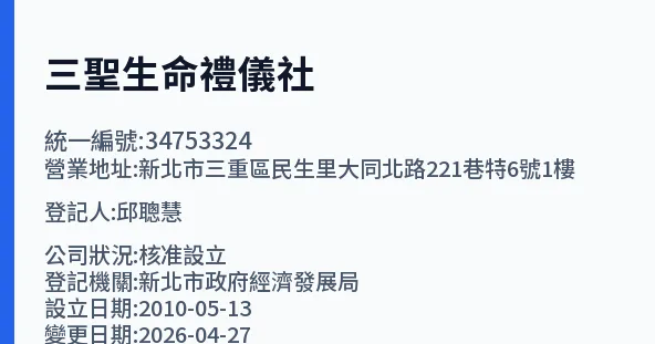 三聖生命禮儀社的照片-統編 34753324(新北市) 公司登記資料與營業項目詳細圖表