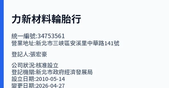 力新材料輪胎行的照片-統編 34753561(新北市) 公司登記資料與營業項目詳細圖表
