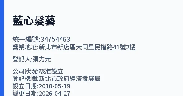 藍心髮藝的照片-統編 34754463(新北市) 公司登記資料與營業項目詳細圖表