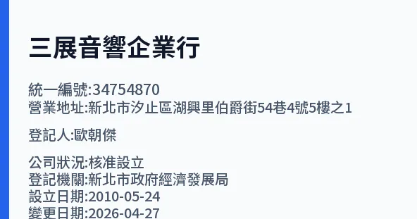 三展音響企業行的照片-統編 34754870(新北市) 公司登記資料與營業項目詳細圖表